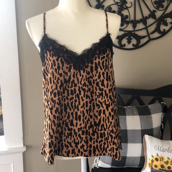 Tops | Medium Leopard Lace Trim Satin Camisole Top Blouse Womens Shirt ...